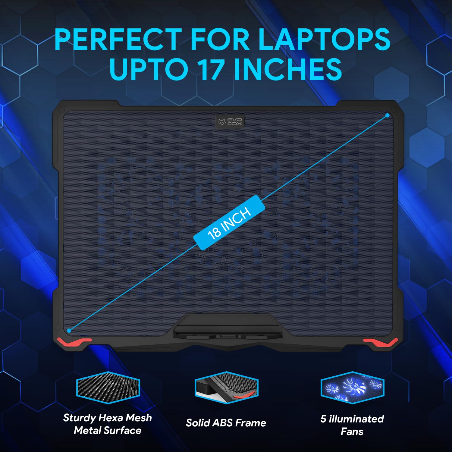 EvoFox Typhoon Laptop Cooling Pad with 5 Adjustable Speed Fans, 4 Angle ...